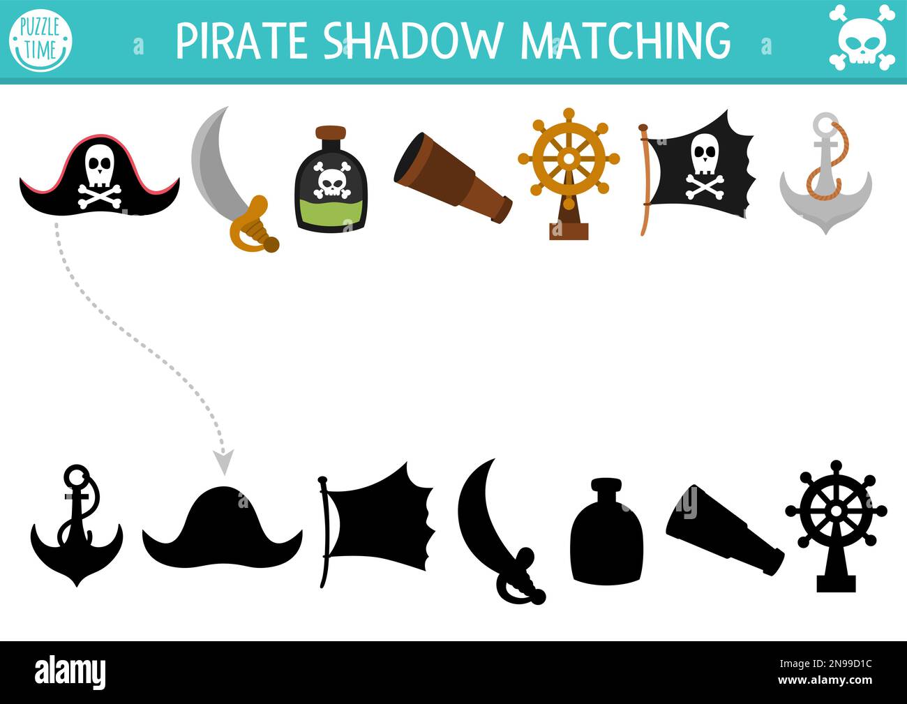 Pirate shadow matching activity. Treasure island hunt puzzle with cute ...