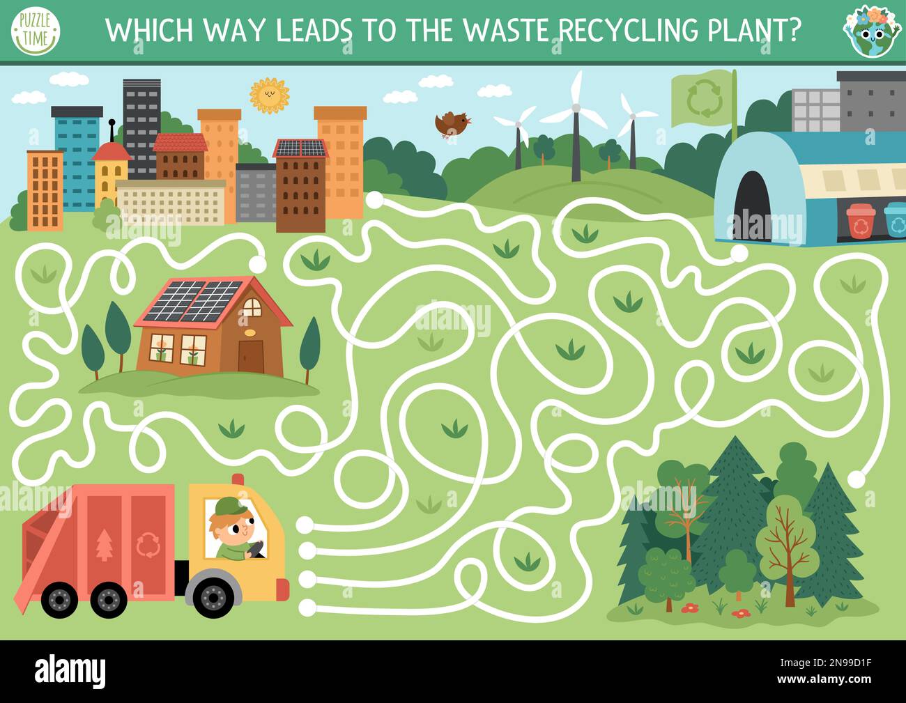 Ecological maze for kids with garbage truck going to waste recycling ...