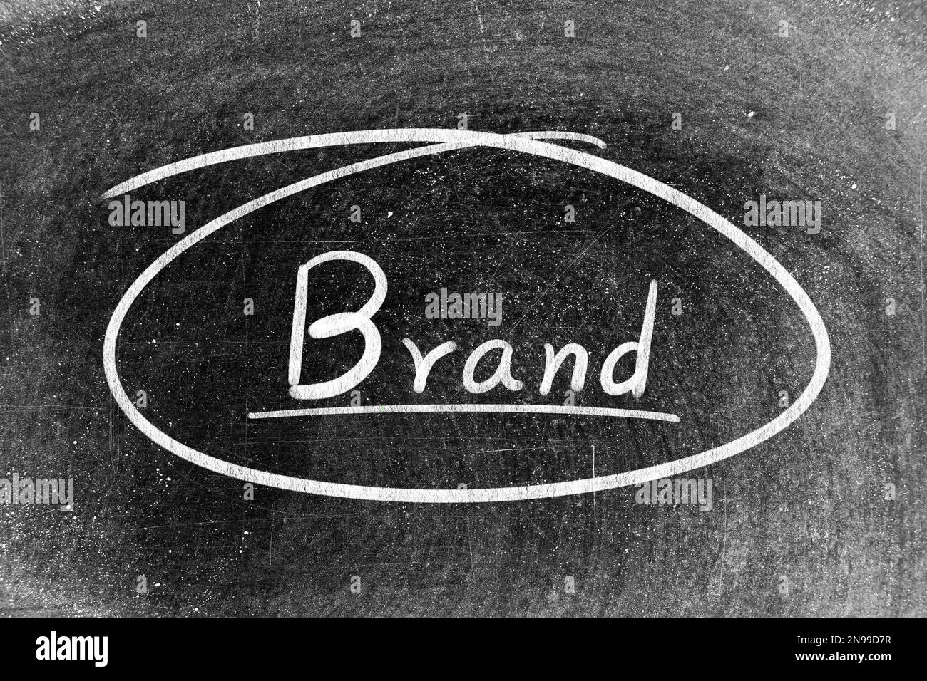 White chalk hand writing in word brand and circle shape on blackboard ...