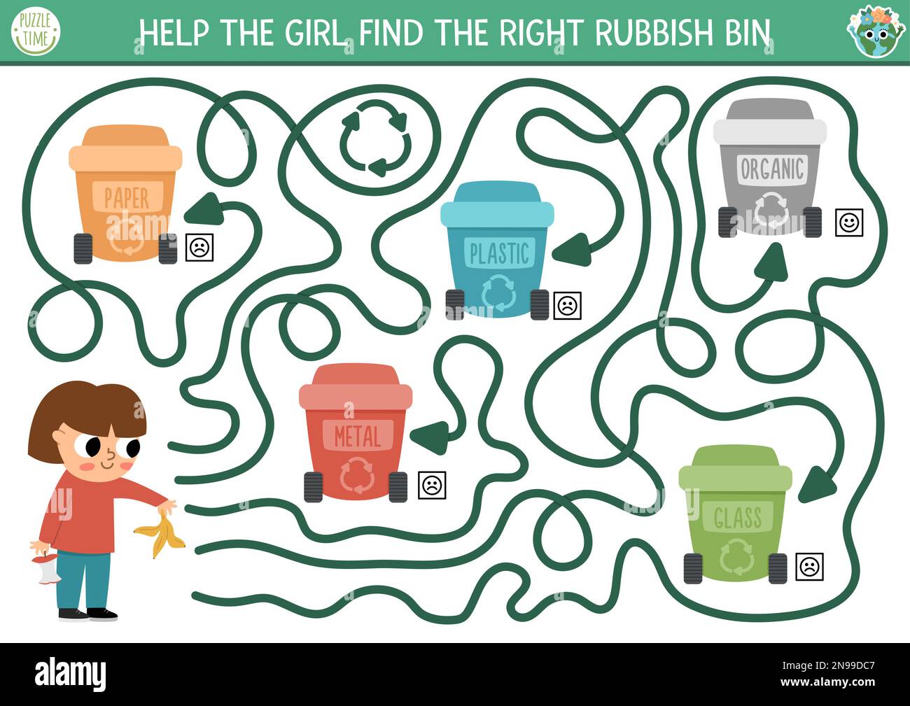 Ecological maze for children with girl sorting out the rubbish. Earth ...