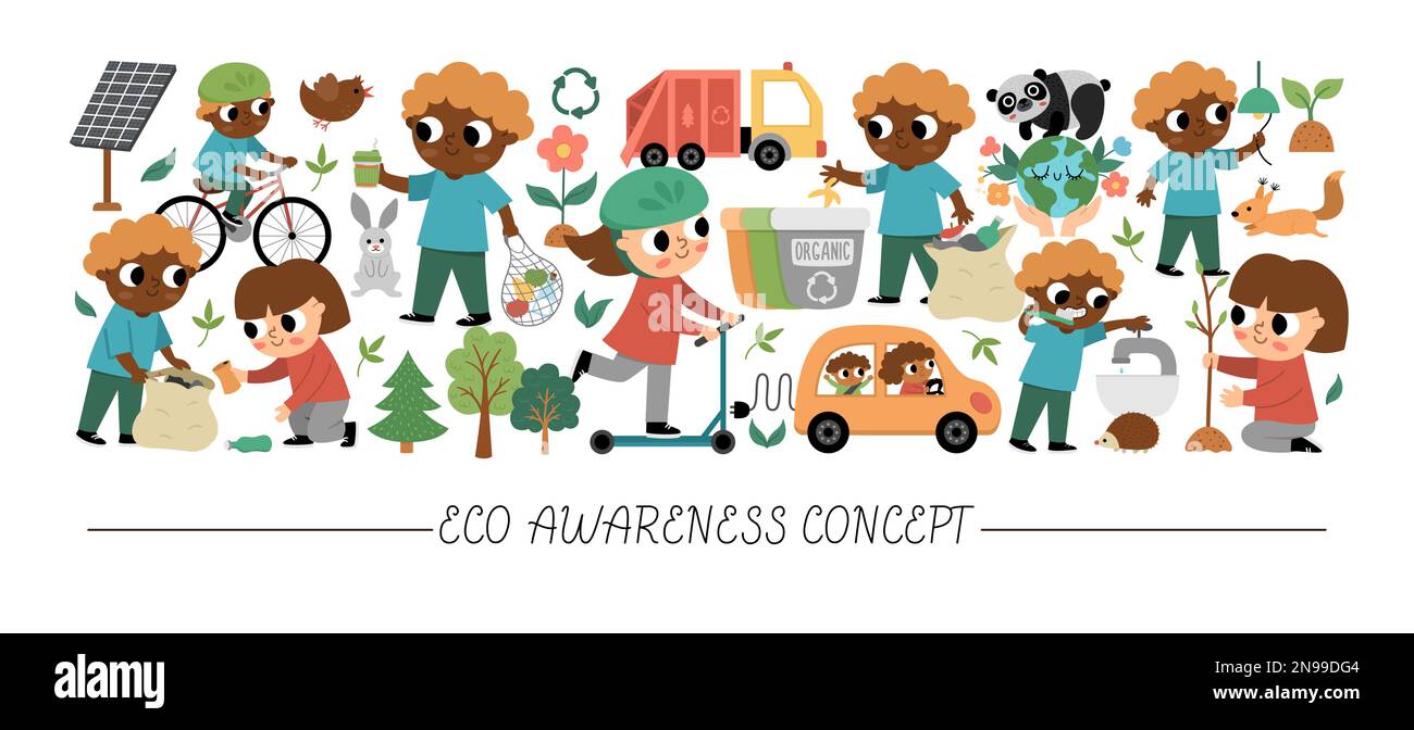 Vector ecological horizontal set with cute children caring of nature ...