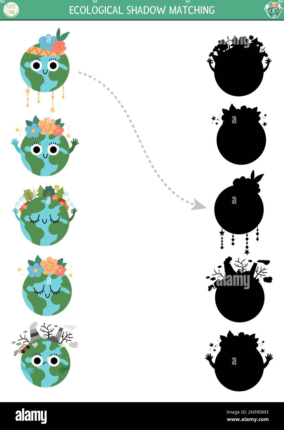 Ecological shadow matching activity with cute planets. Earth day puzzle ...