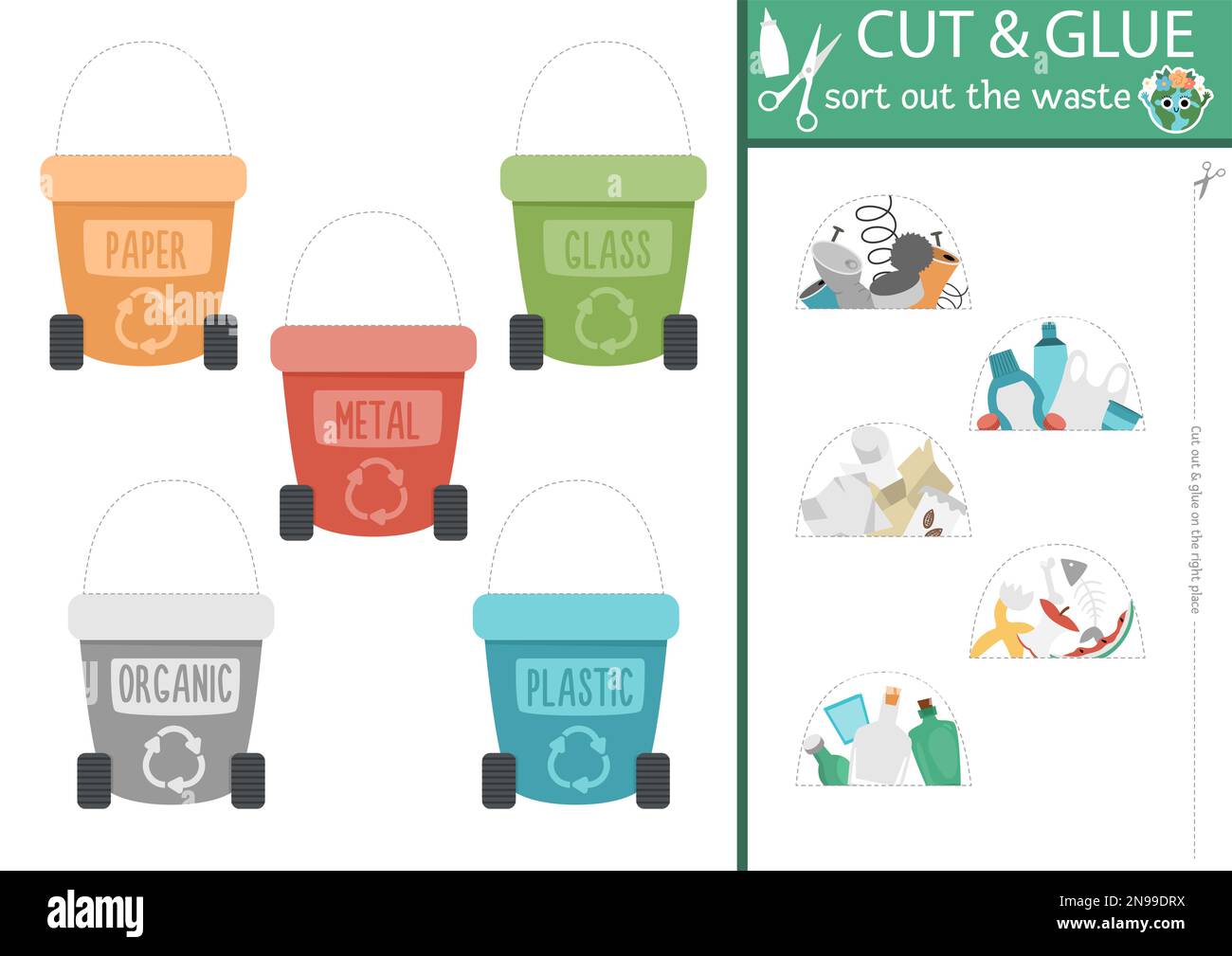 Vector ecological cut and glue activity. Crafting game with rubbish ...