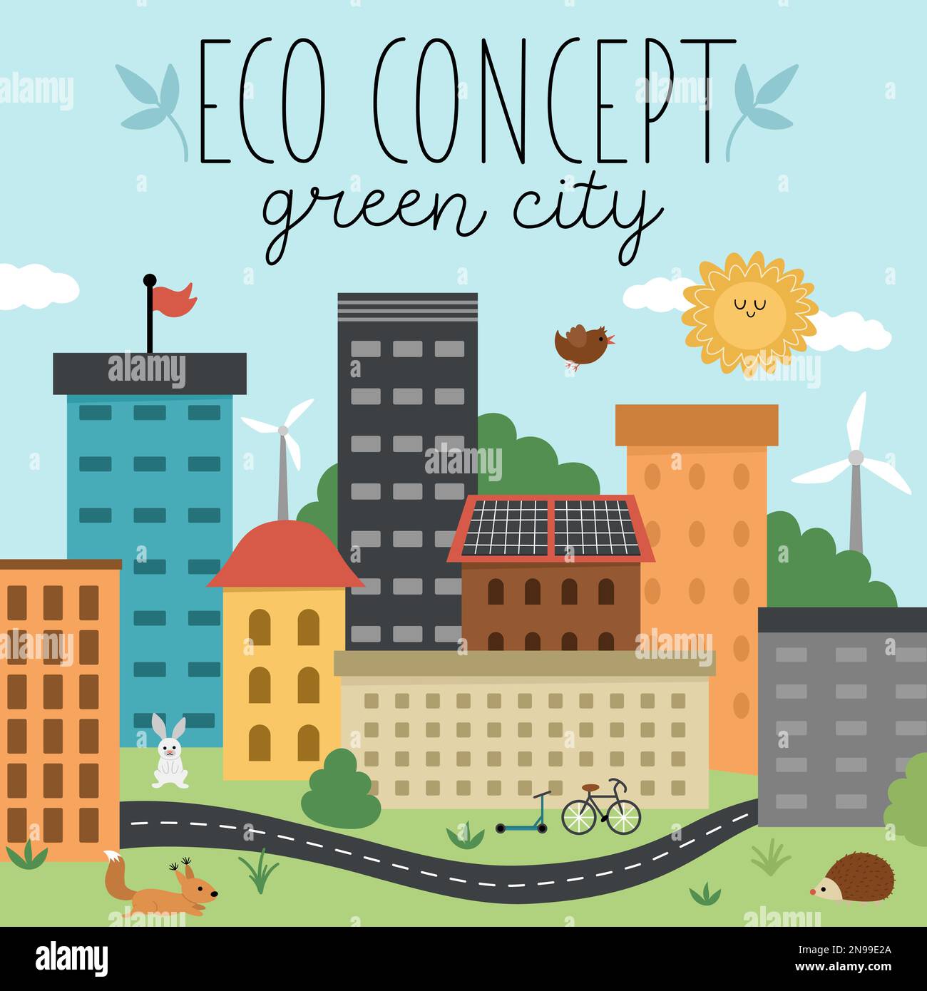 Vector eco city scene. Ecological town landscape with alternative ...