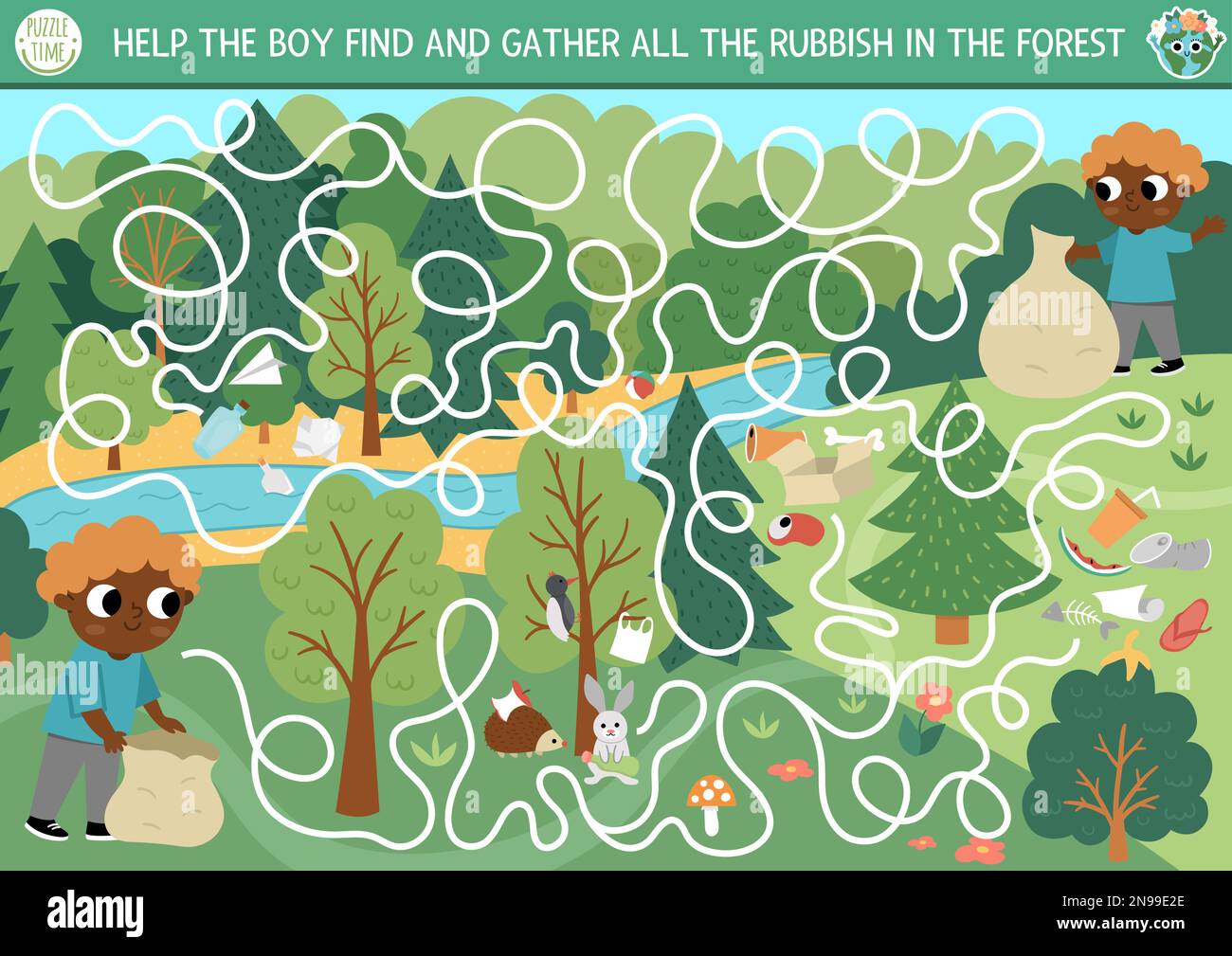 Ecological maze for children with kid gathering garbage in the forest ...