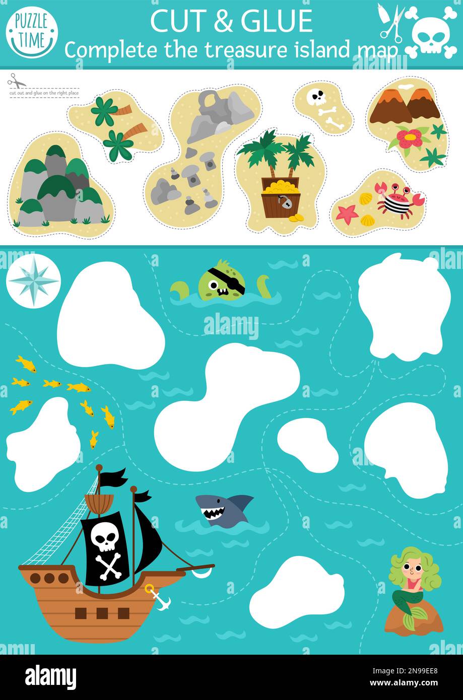 Vector pirate cut and glue activity. Crafting game with cute island map ...