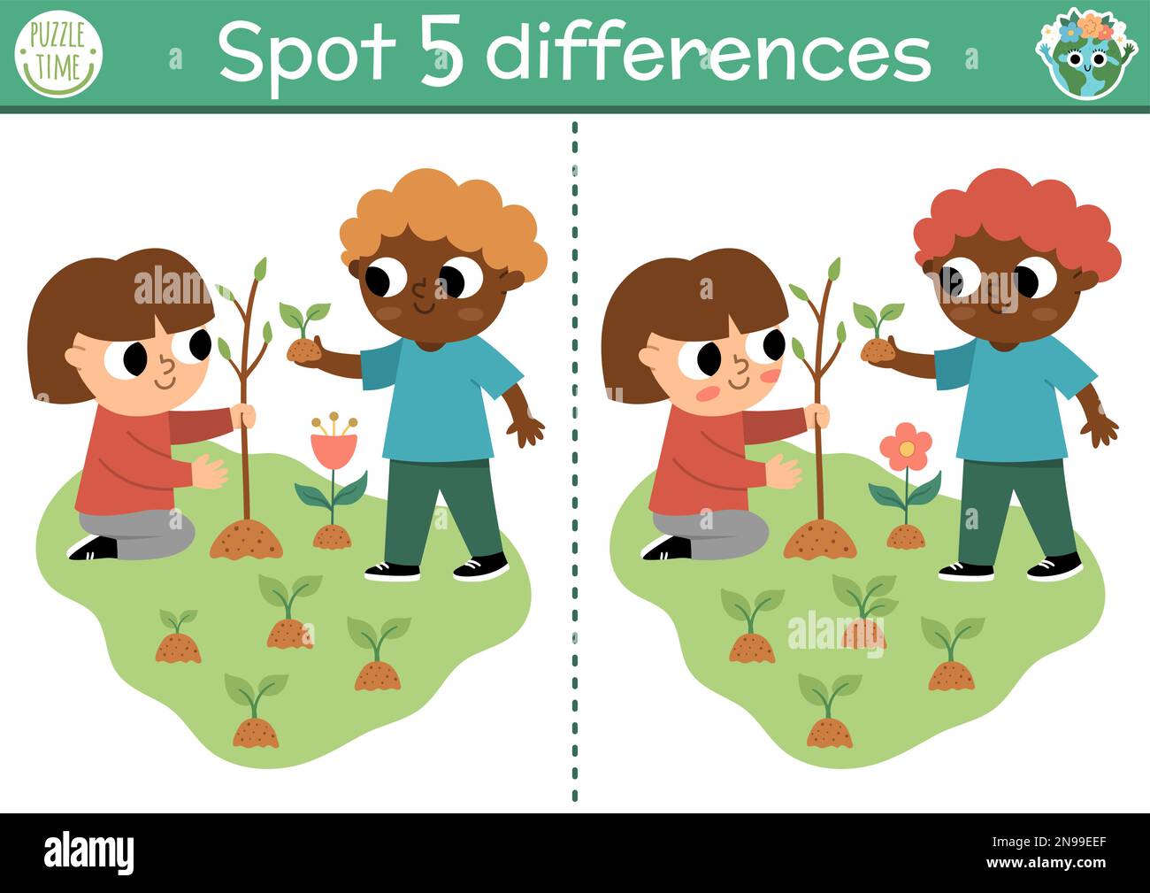 Find differences game. Ecological educational activity with cute ...