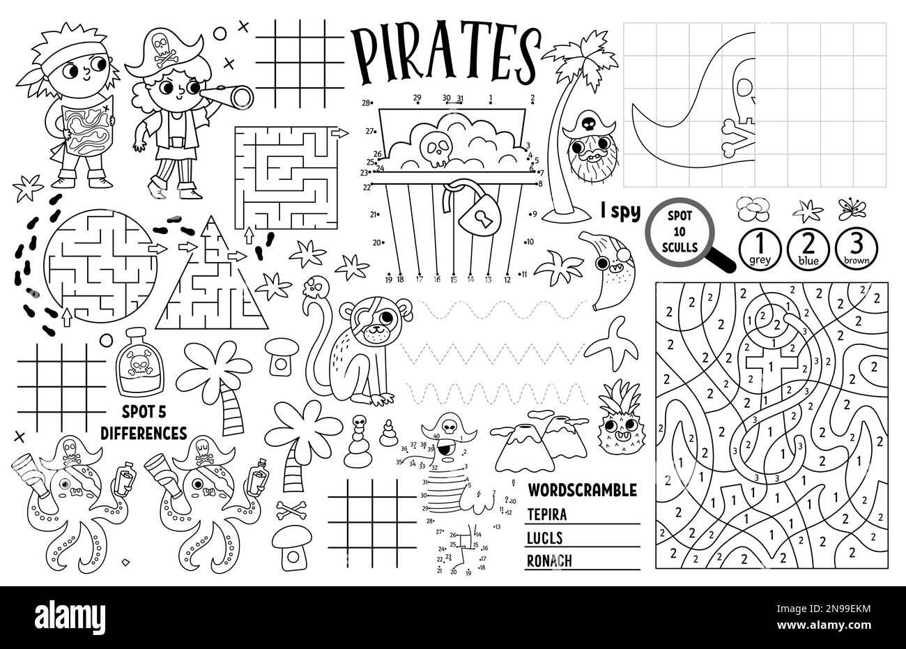 Vector pirate placemat for kids. Treasure hunt printable activity mat ...