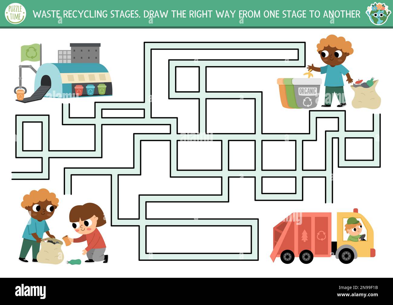 Ecological maze for children with kids sorting out the rubbish. Earth ...