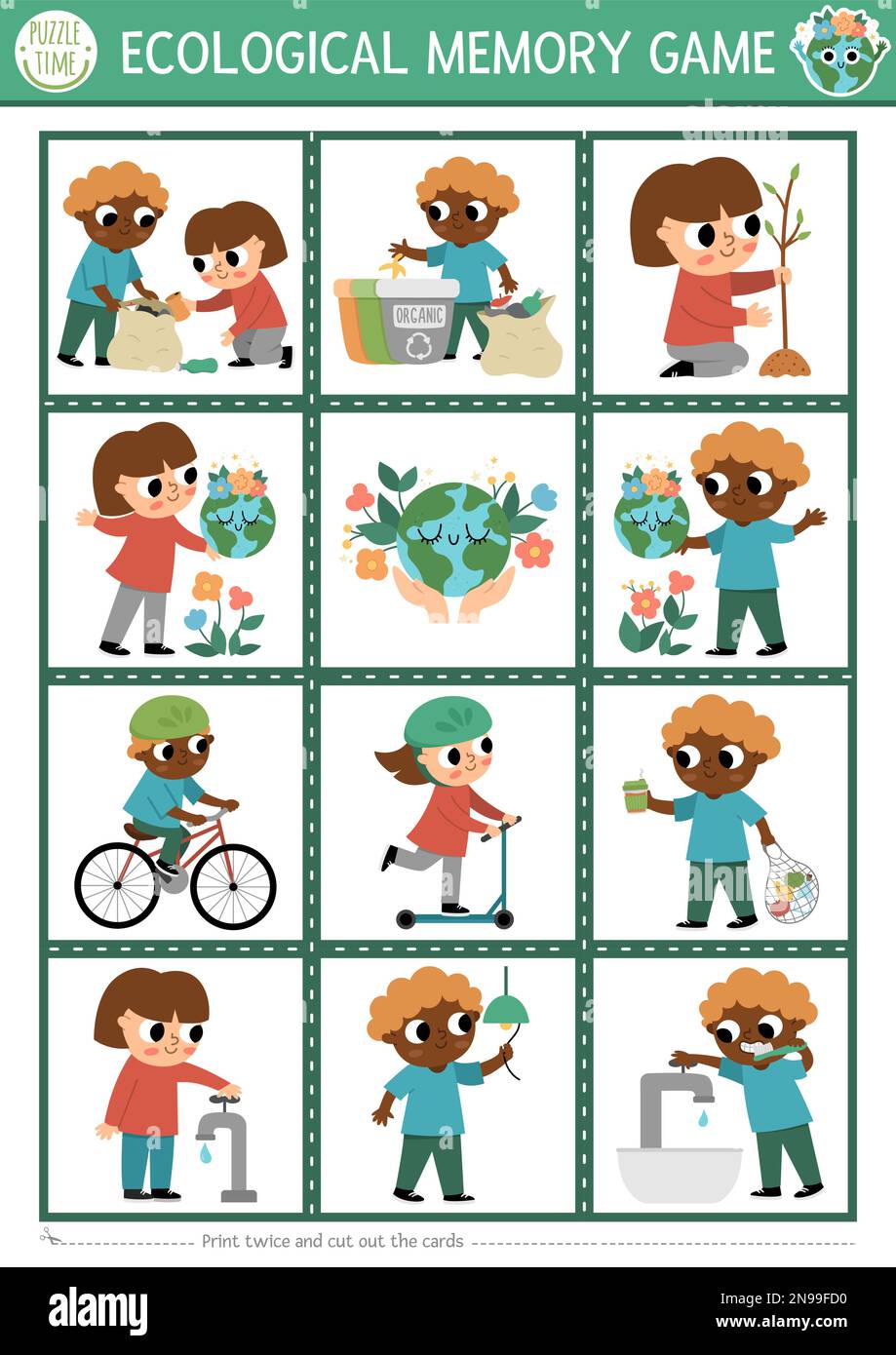 Vector ecological memory game cards with cute children caring of ...