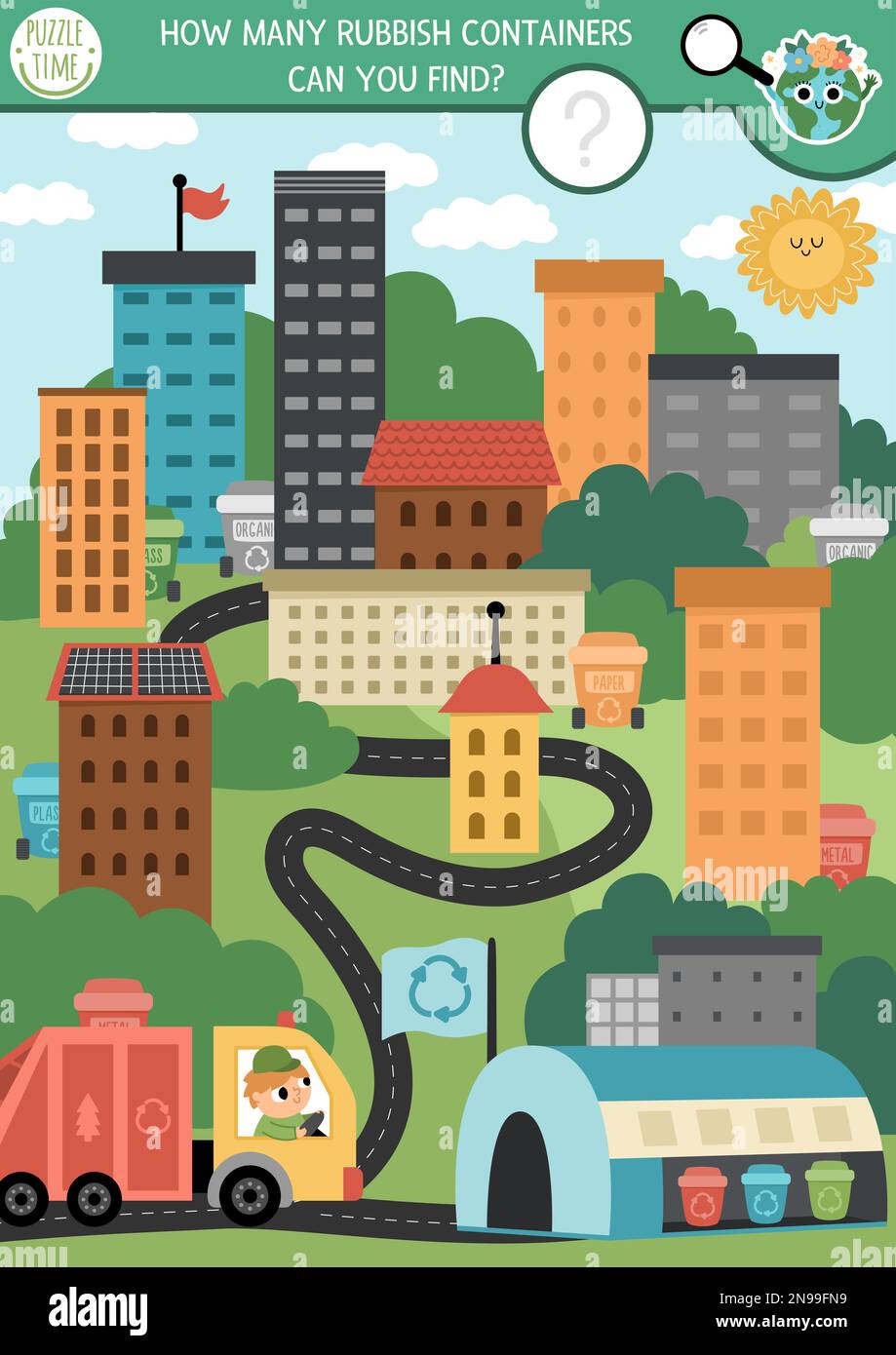 Vector ecological searching page with city landscape and rubbish bins ...