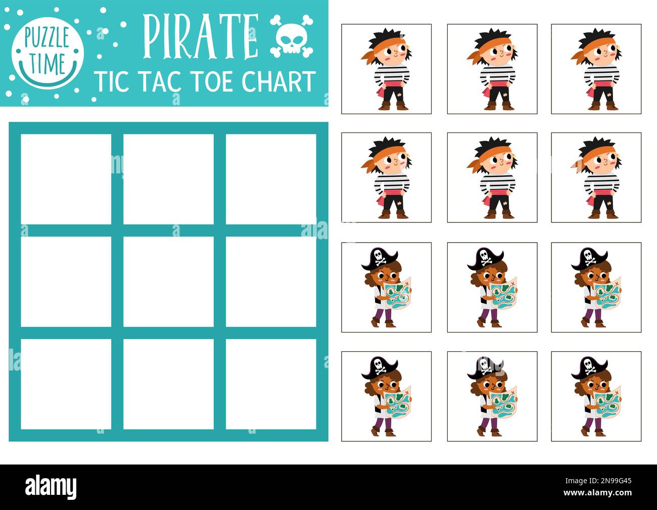 Vector treasure island tic tac toe chart with pirates. Sea adventures ...