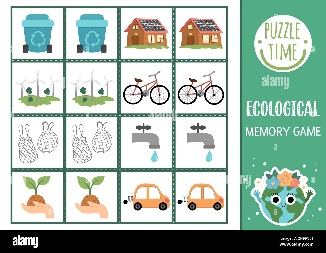 Vector ecological memory game cards with traditional environment friendly symbols. Eco awareness ...
