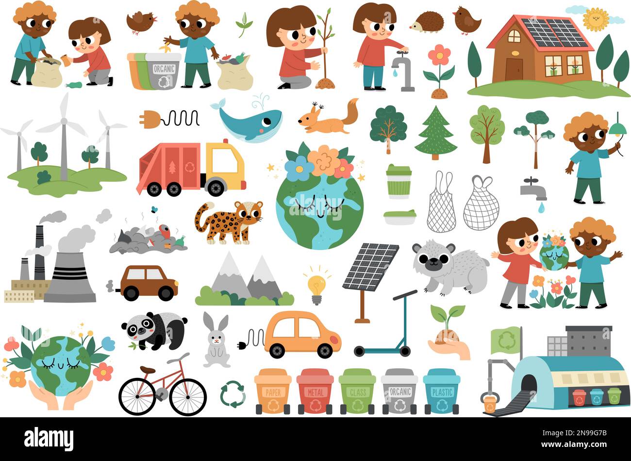 Vector ecological set for kids. Earth day collection with cute children ...