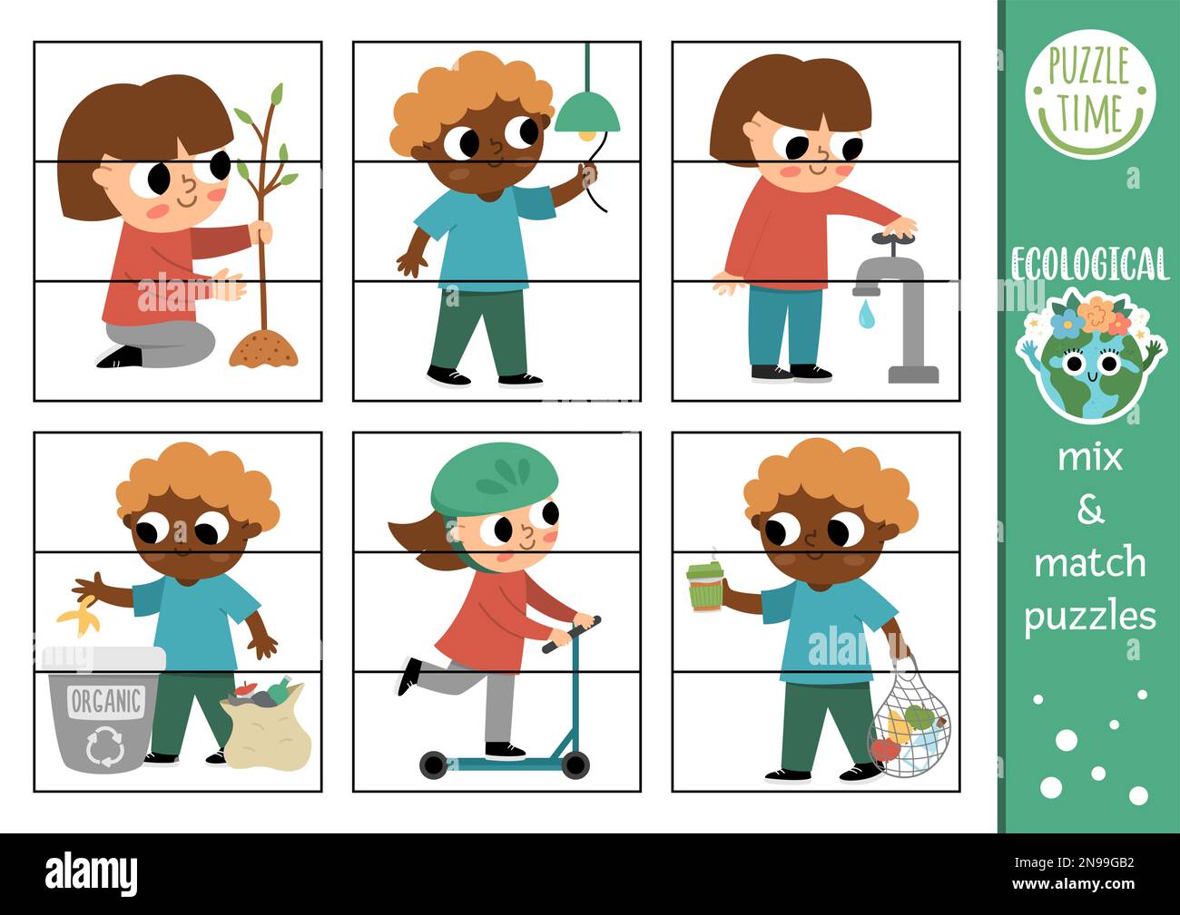 Vector ecological mix and match puzzle with cute kids caring of ...