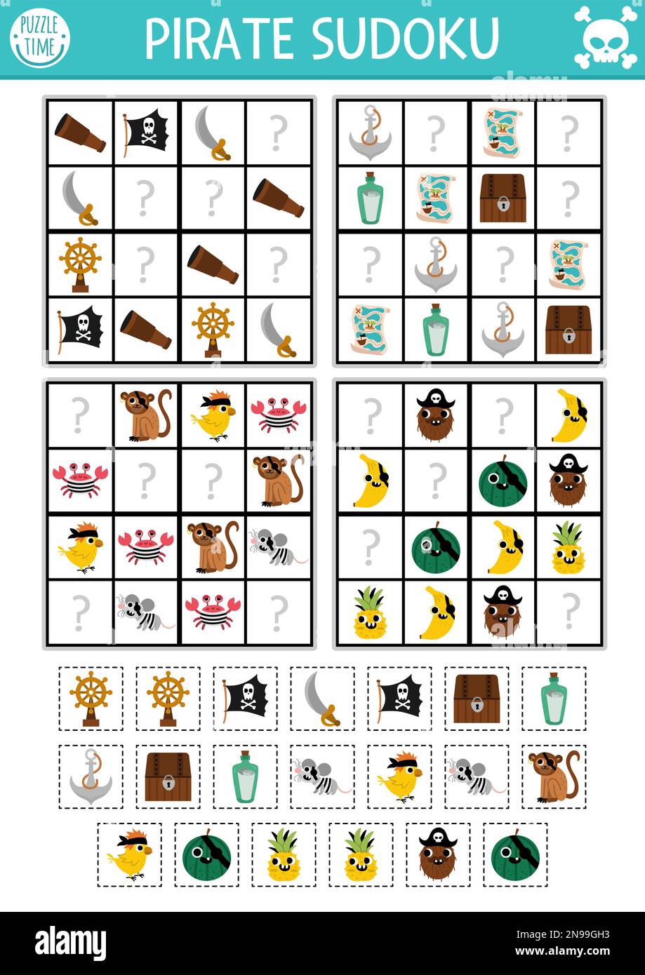 Vector pirate sudoku puzzle for kids with pictures. Simple treasure ...