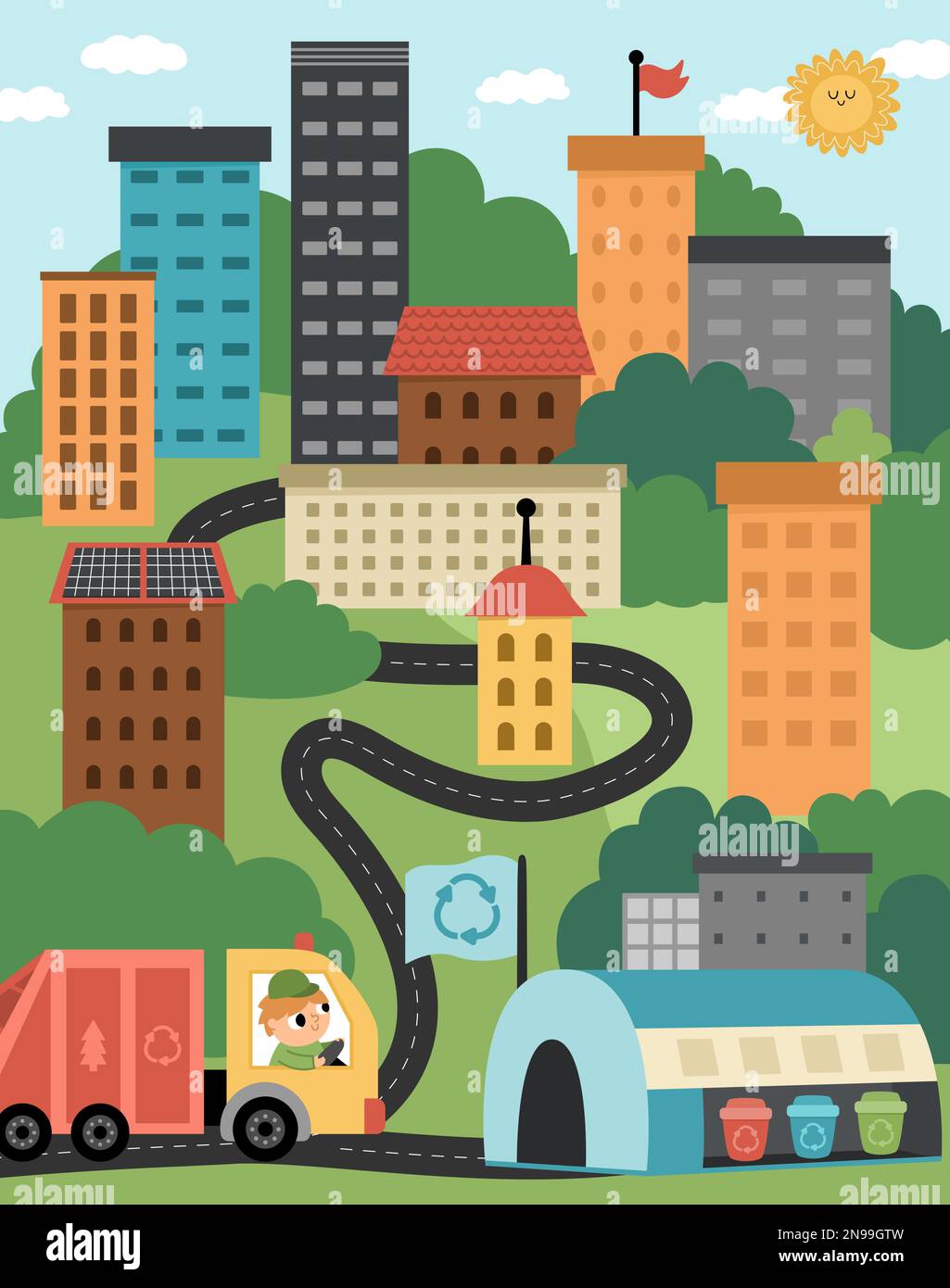 Vector eco city scene. Ecological town landscape with zero waste ...