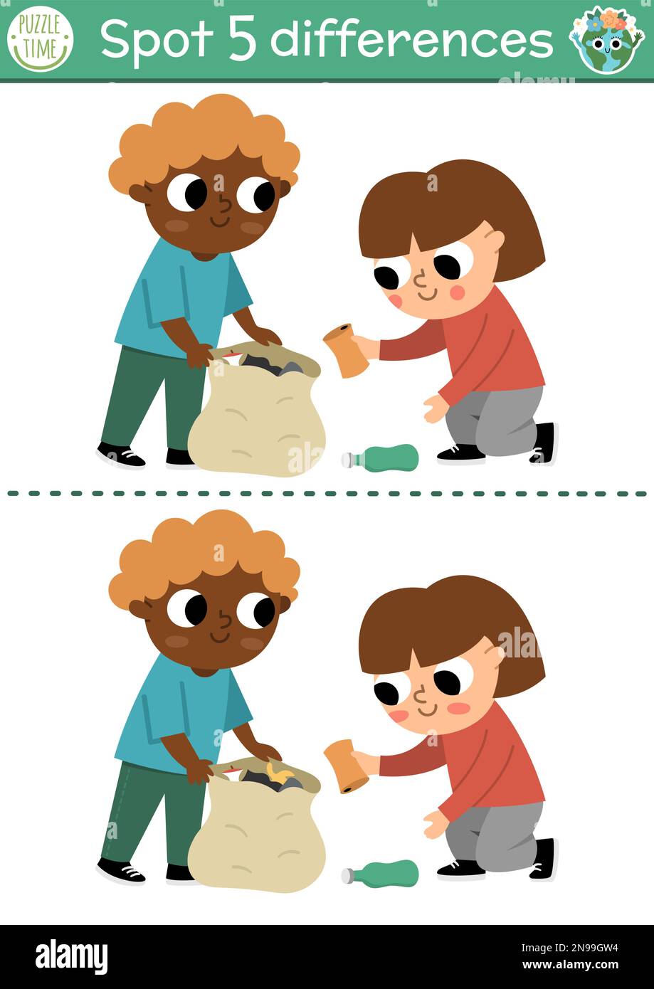 Find differences game. Ecological educational activity with cute ...