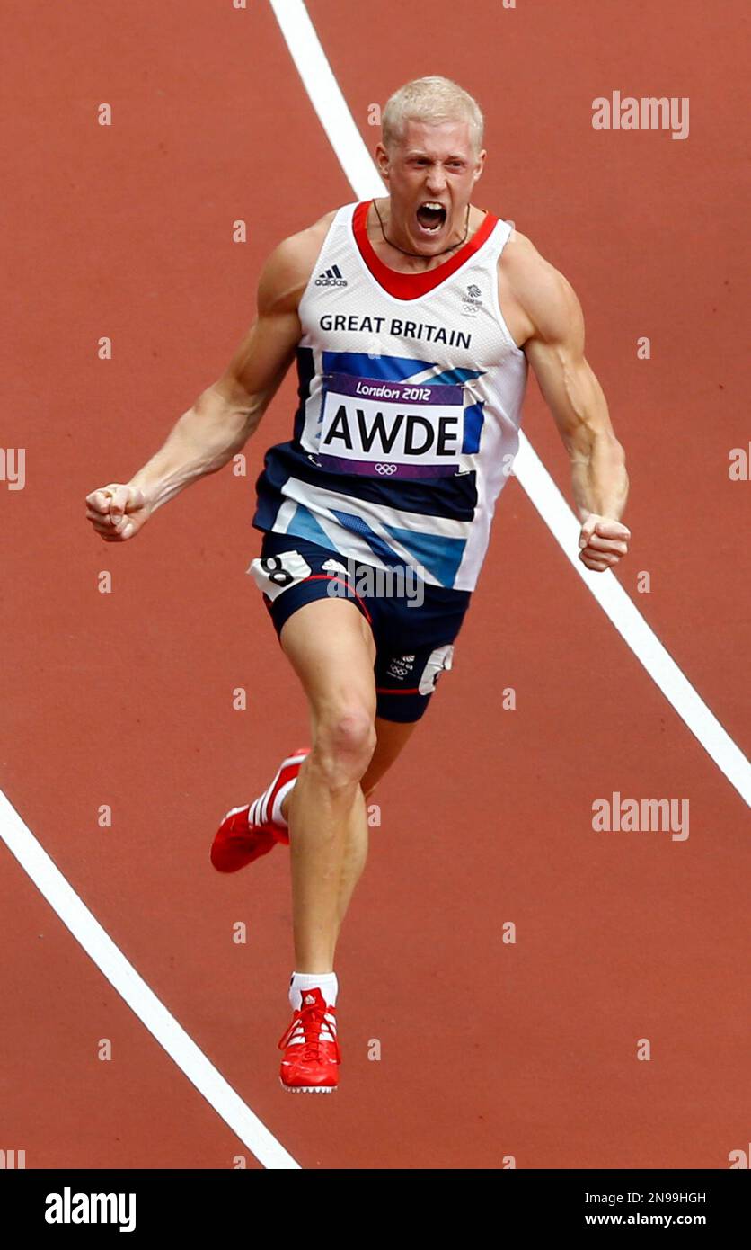 Britain's Daniel Awde reacts after competing in a 100-meter decathlon ...