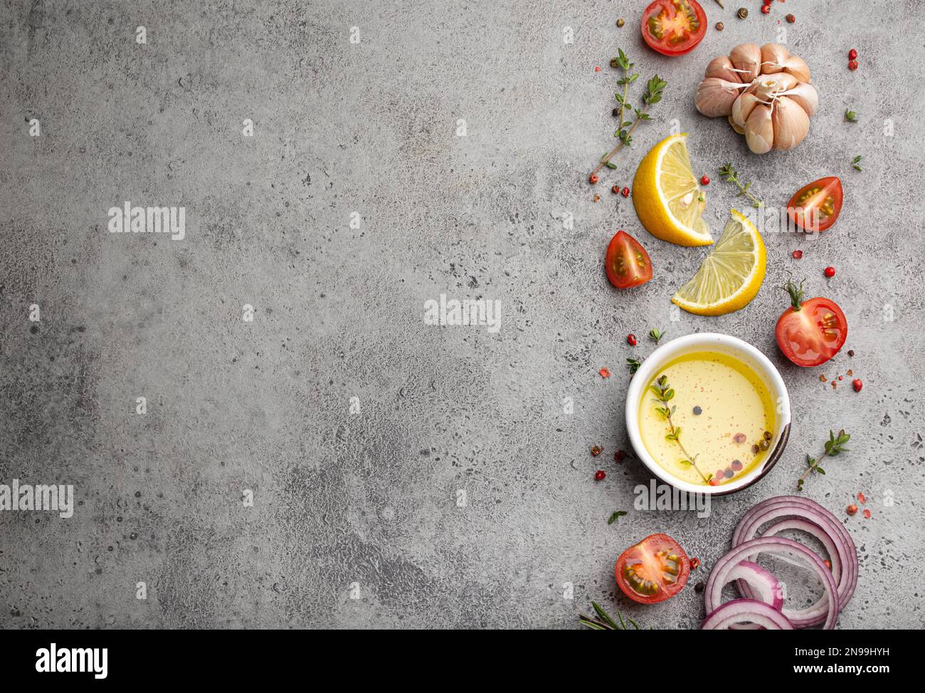Food cooking background on grey stone rustic table with fresh ...