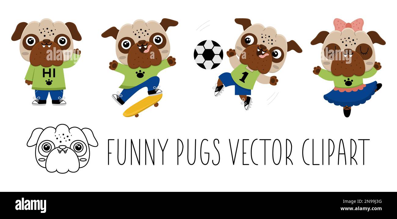 Vector cartoon pugs set. Anthropomorphic dogs doing sports. Funny pup ...