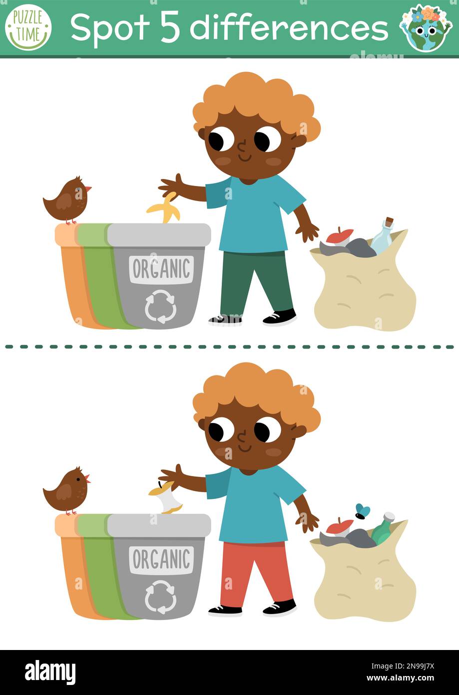 Find differences game. Ecological educational activity with cute boy ...