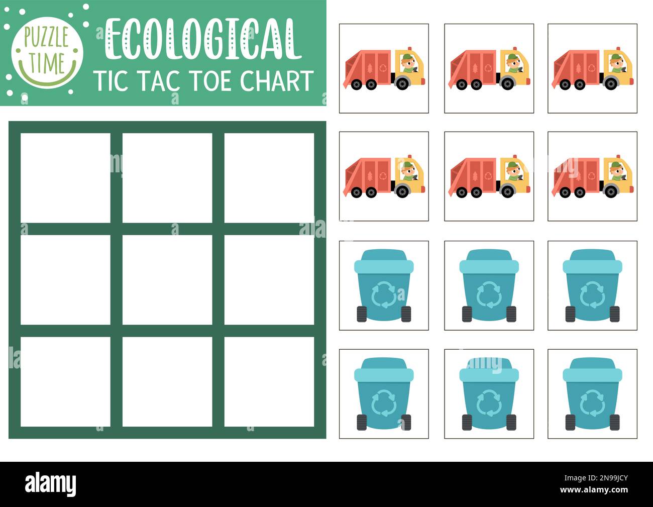 Vector ecological tic tac toe chart with waste truck and container. Eco awareness board game ...