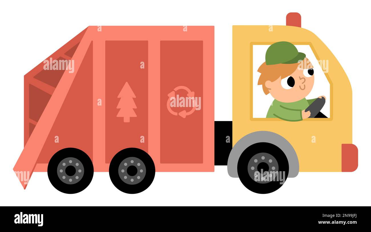 Garbage truck icon. Man driving rubbish van with recycling sign. Trash ...