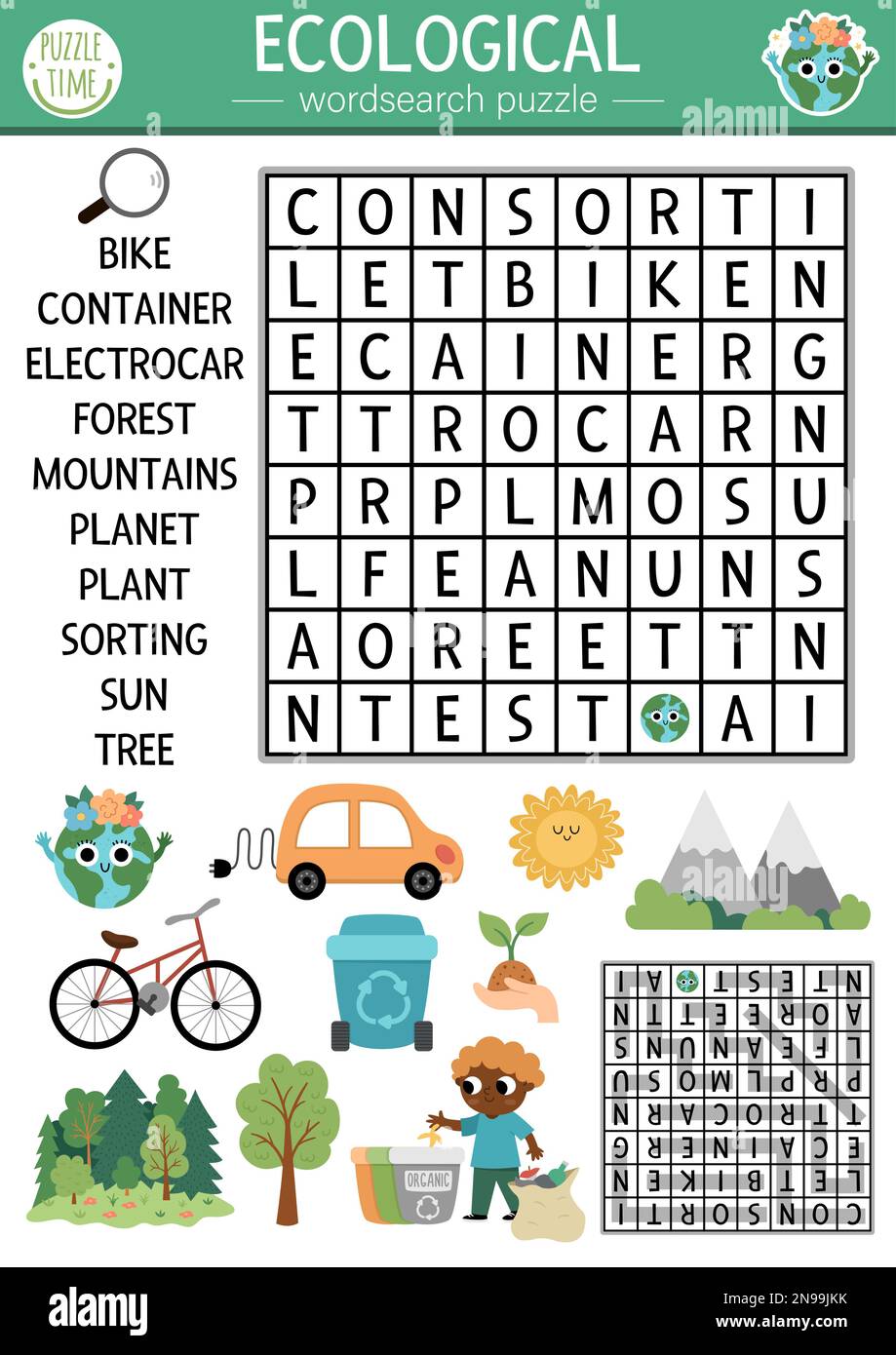 Vector ecological wordsearch puzzle for kids. Earth day word search ...