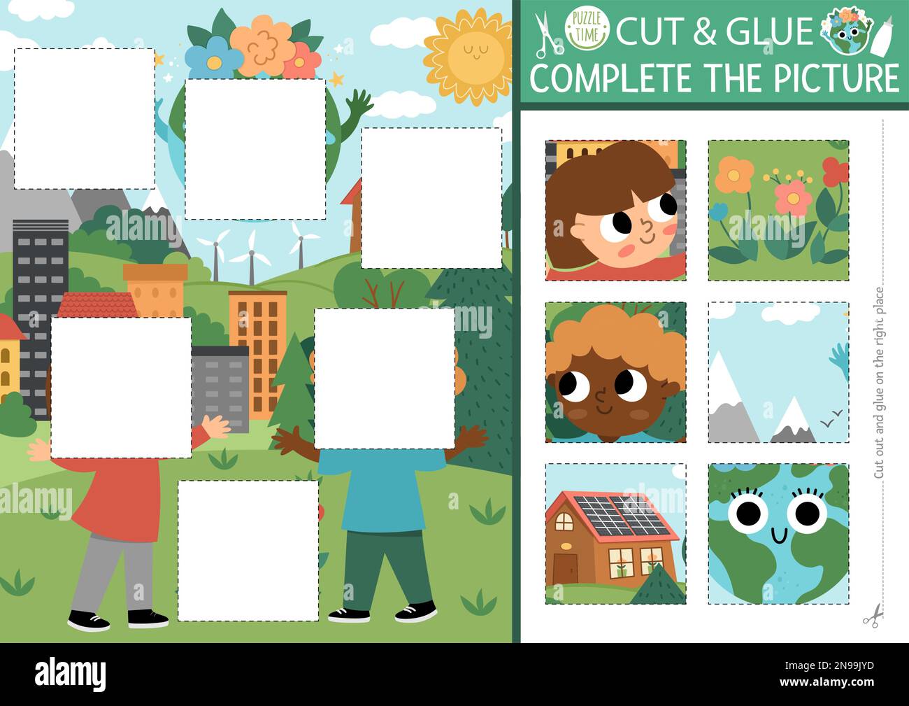 Vector ecological cut and glue activity. Earth day crafting game with ...