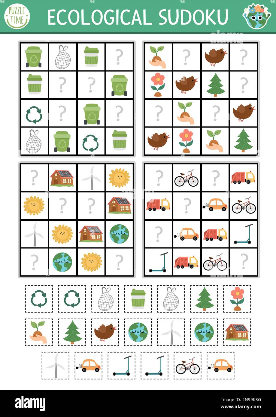 Vector ecological sudoku puzzle for kids with pictures. Simple Earth ...