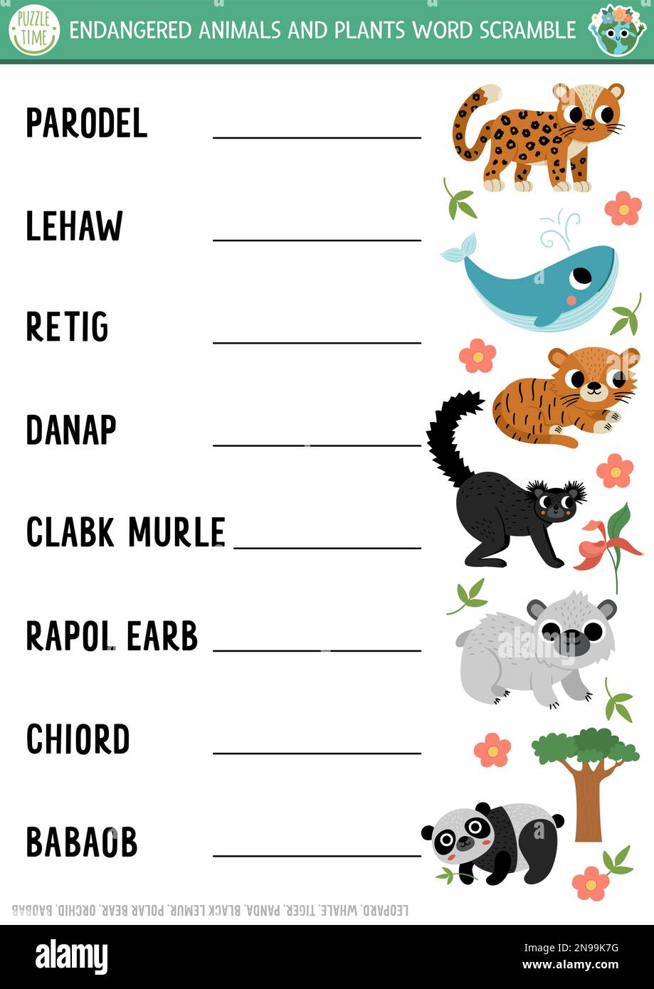 Vector extinct animals and plants word scramble activity page. English ...