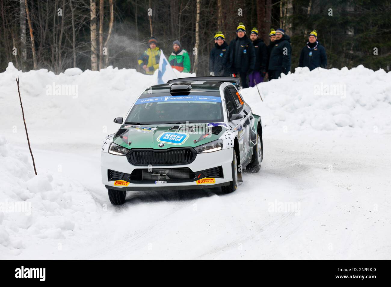 UMEÅ 20230212 Sami Pajari and Enni Mälkönen, Finland, in a Škoda Fabia RS, WRC2, during one of ...