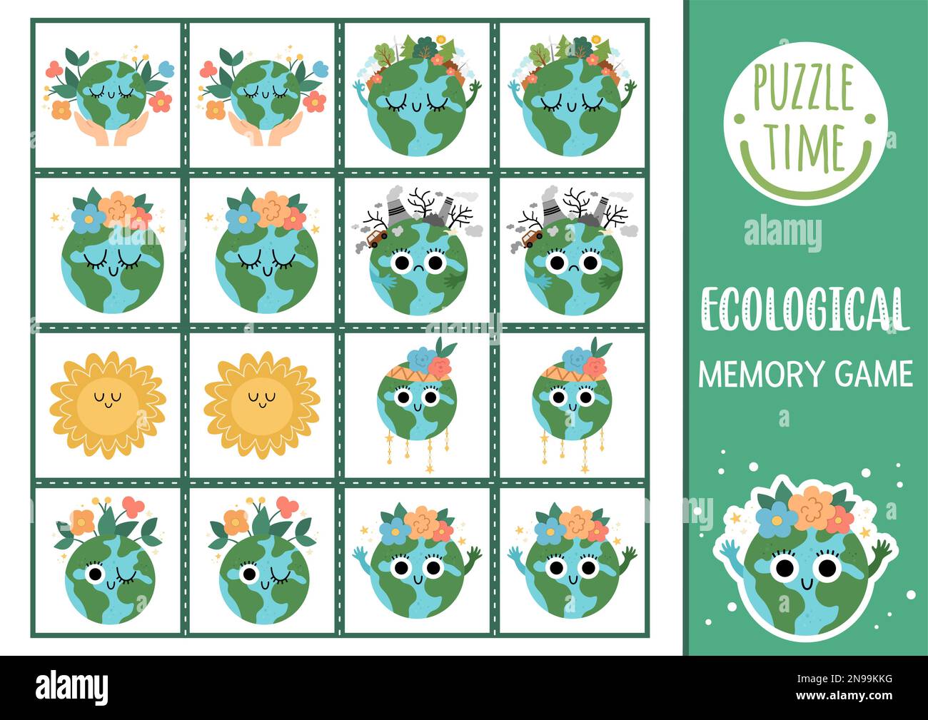 Vector ecological memory game cards with cute planets. Eco awareness ...
