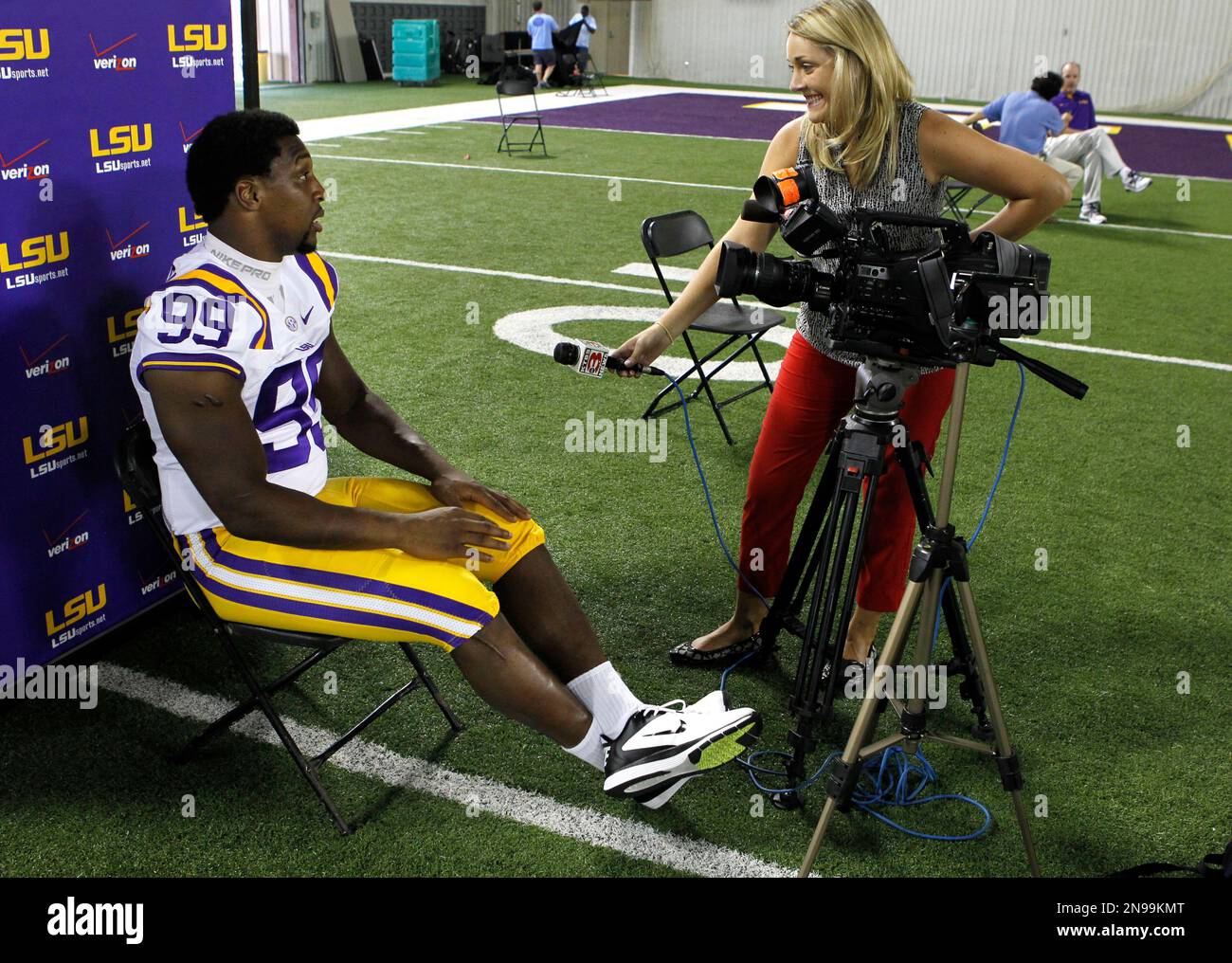 LSU defensive end Sam Montgomery (99) talks to reporters during their ...