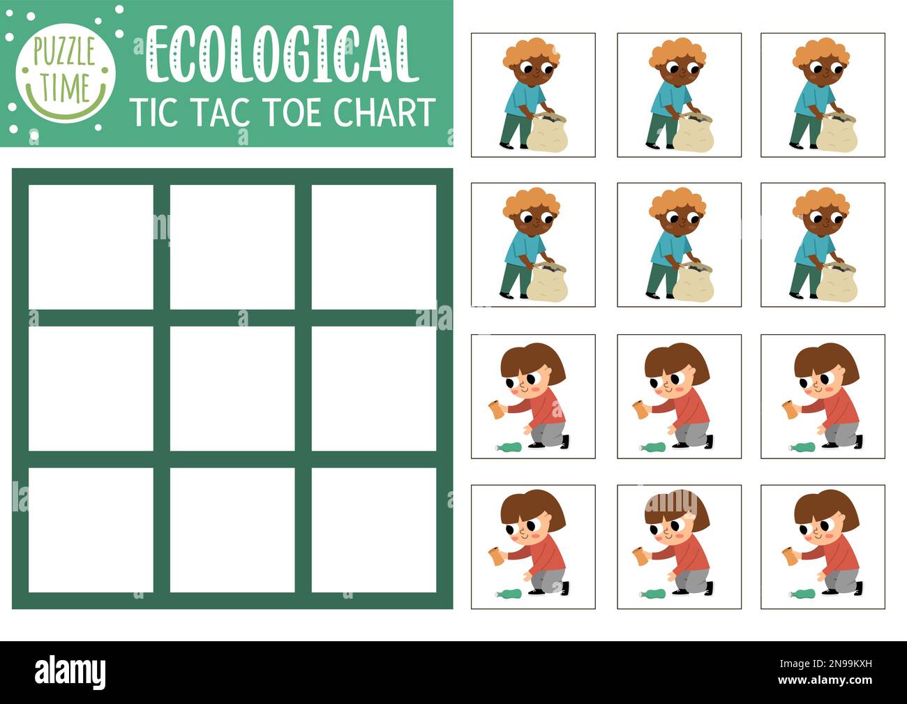 Vector ecological tic tac toe chart with cute kids gathering waste. Eco ...