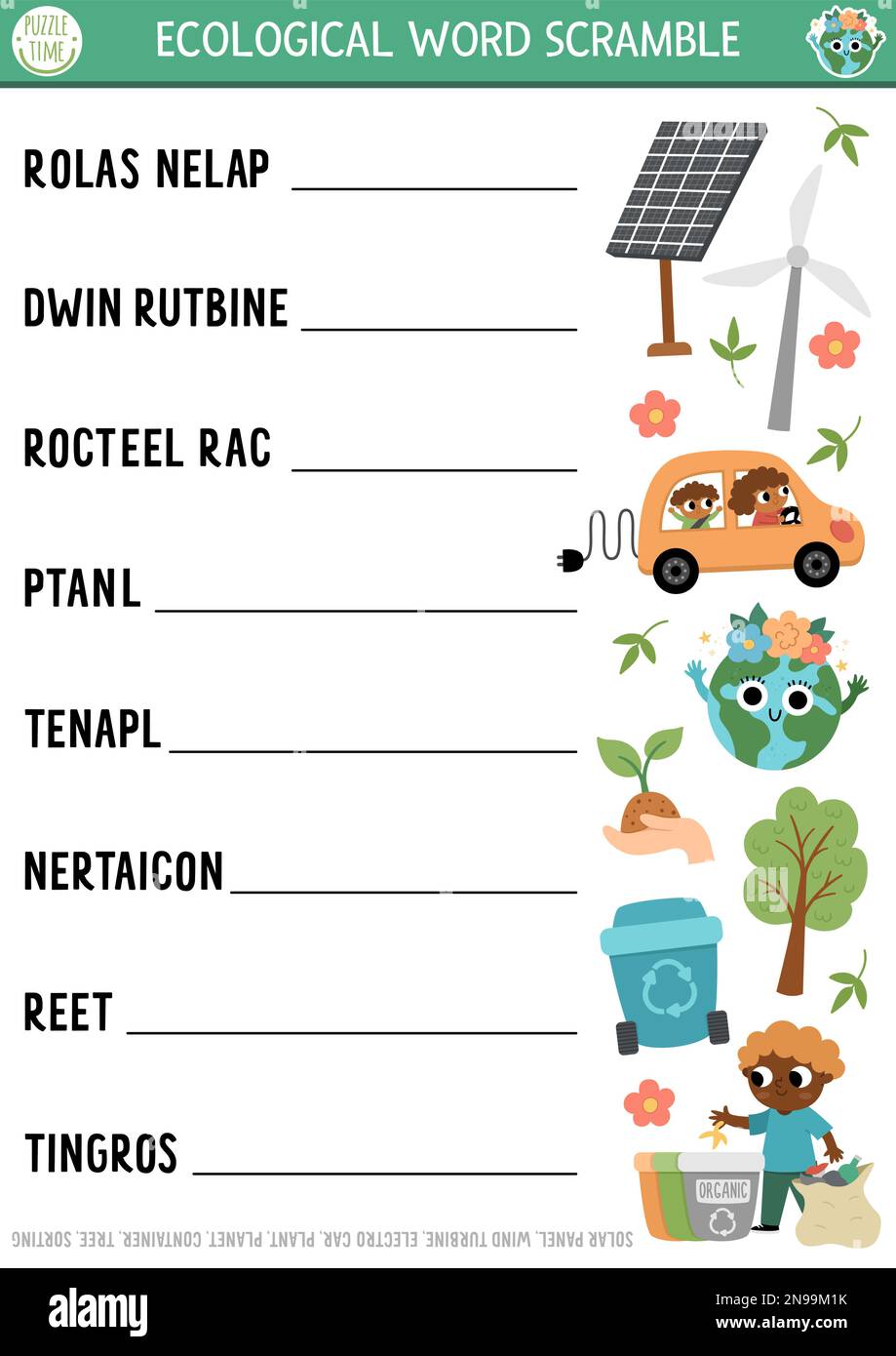 Vector ecological word scramble activity page. English language game with traditional eco ...