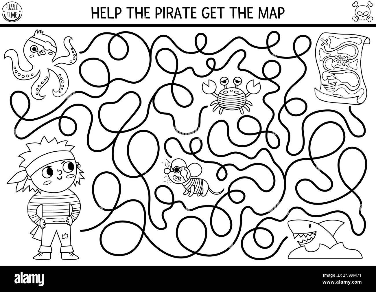 Pirate black and white maze for kids. Treasure hunt preschool printable ...
