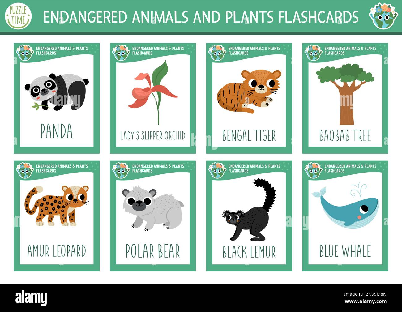 Vector flash cards set with extinct animals. Ecological English language game with whale, panda ...