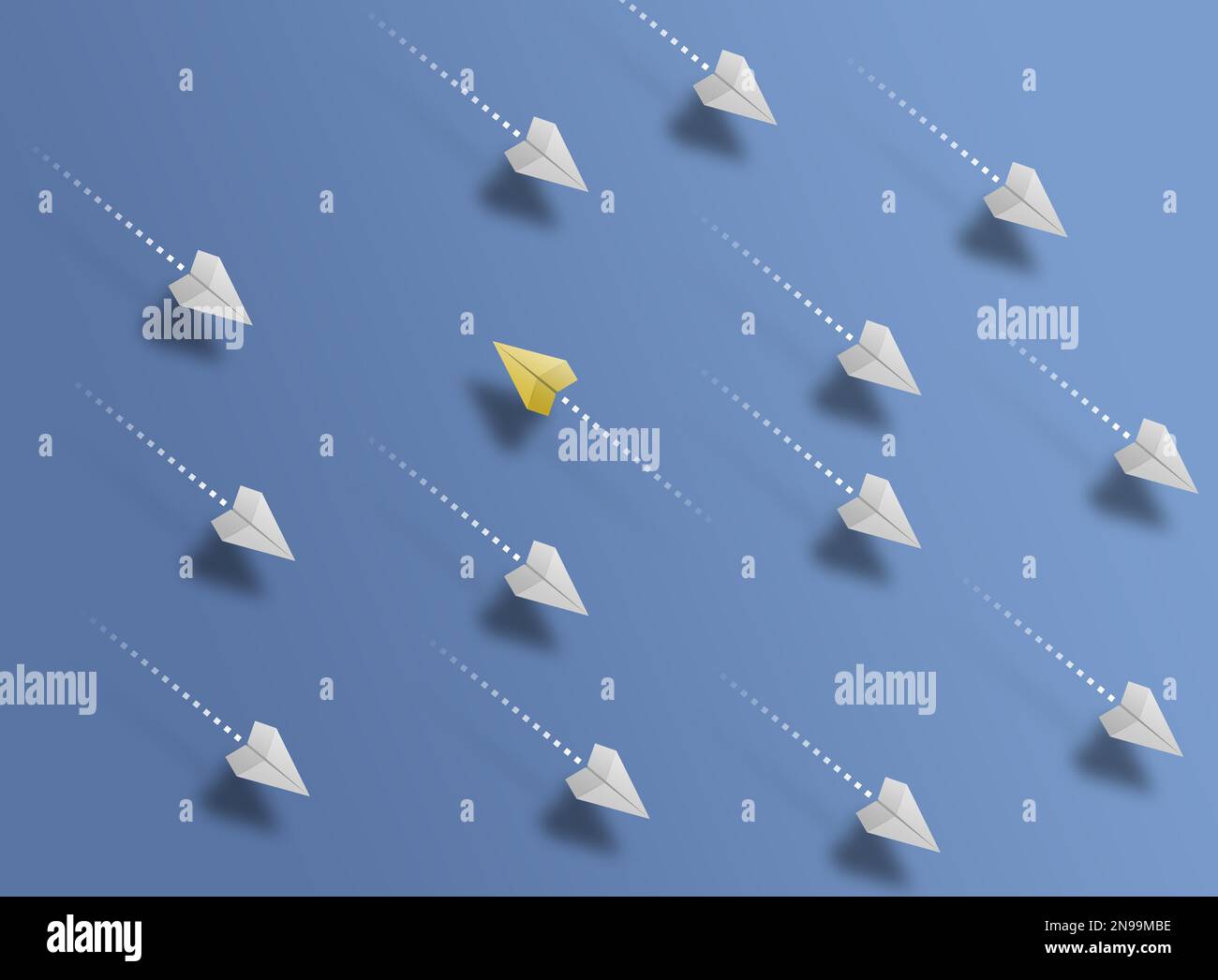group of paper planes flying in one direction on blue background and ...
