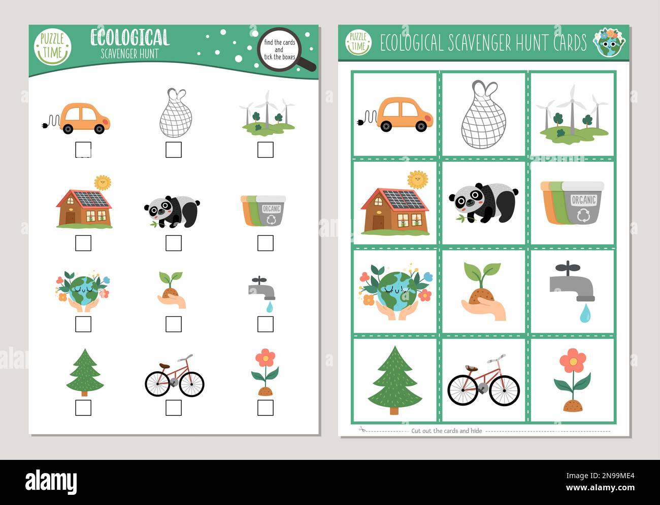 Vector ecological scavenger hunt cards set. Seek and find game with cute eco awareness symbols ...