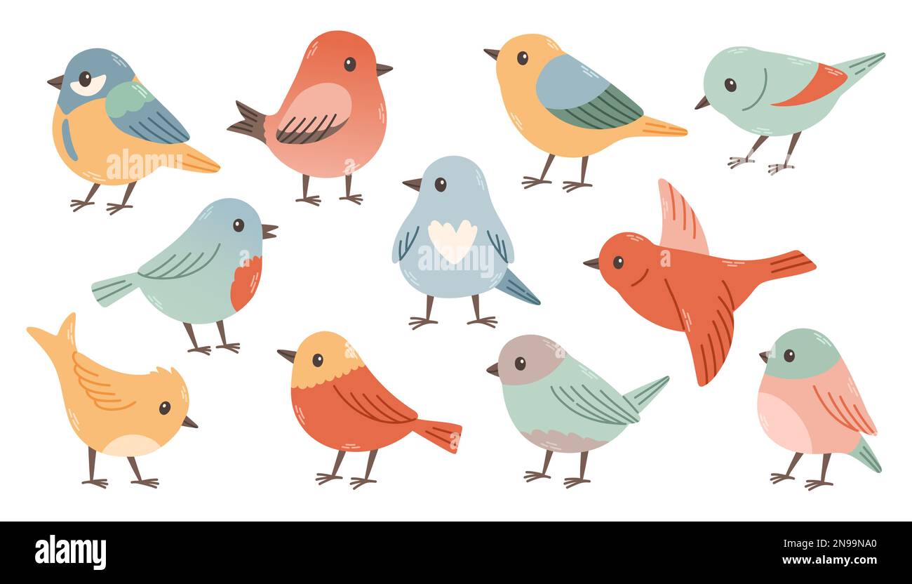 Set of spring birds. Vector cartoon illustration in childish style ...