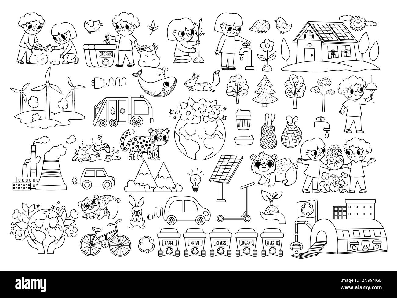Vector black and white ecological set for kids. Earth day line ...
