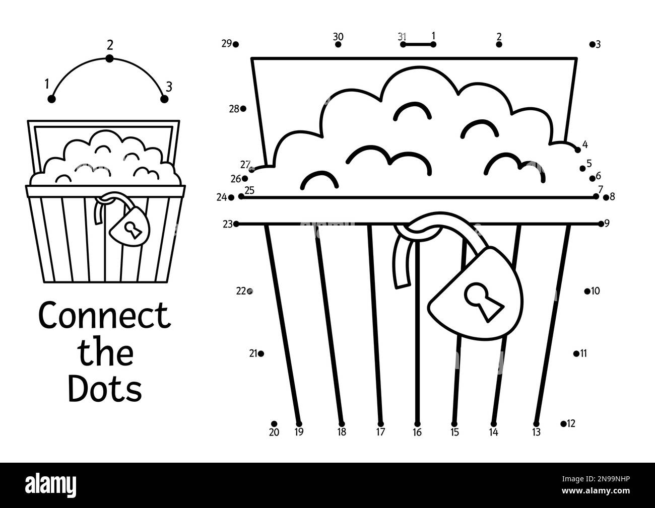 Vector dot-to-dot and color activity with treasure chest. Pirate island ...
