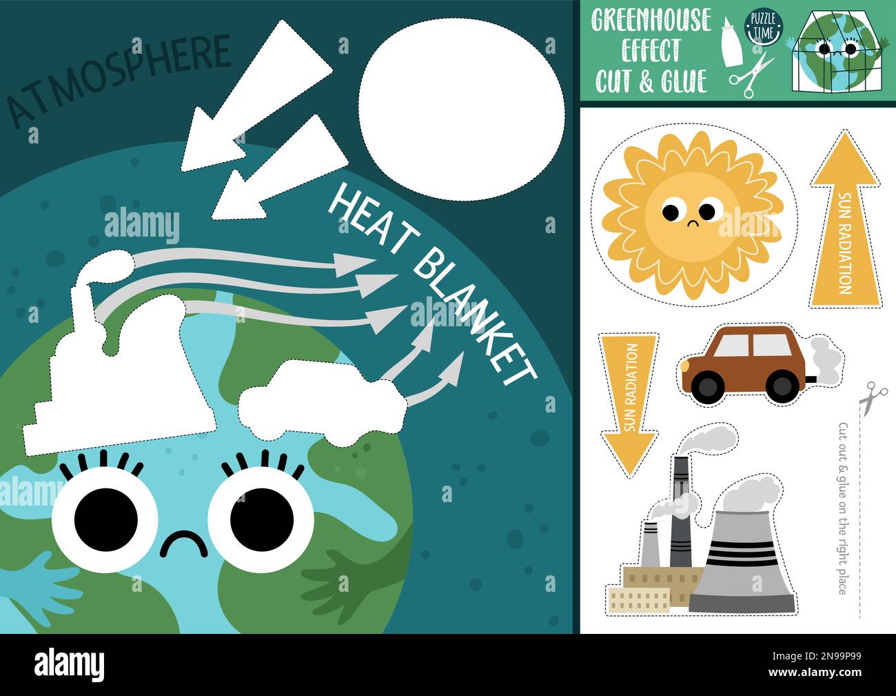 Vector ecological cut and glue activity. Earth day crafting game with ...