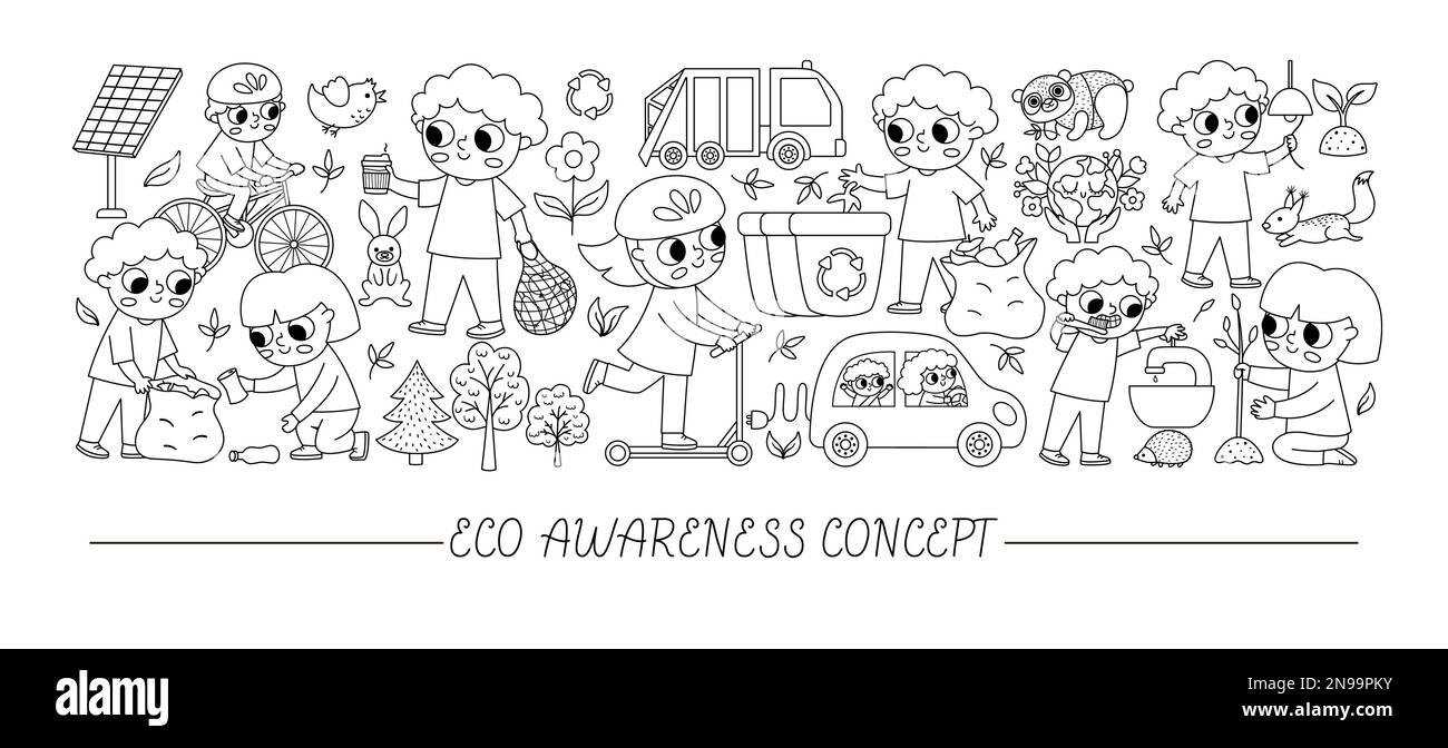 Vector ecological black and white horizontal set with cute children ...