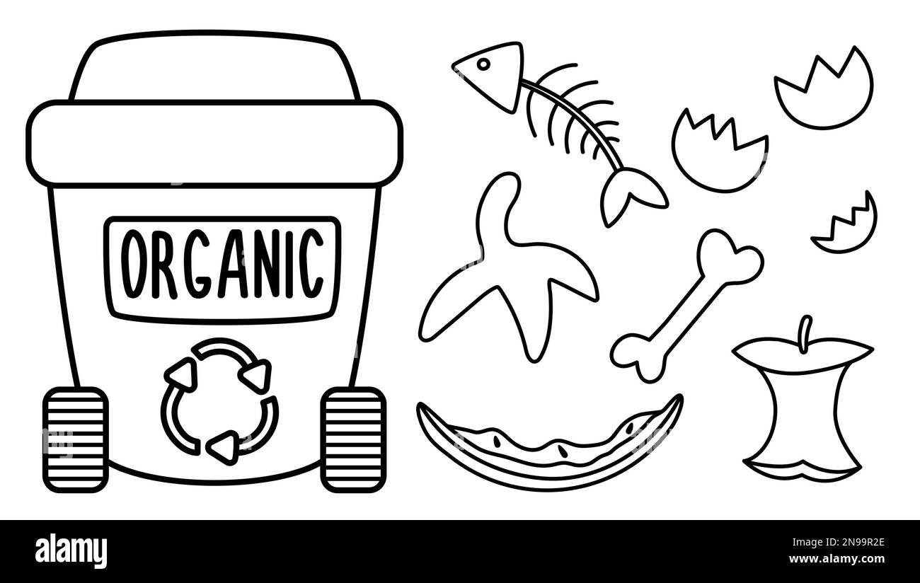 Black and white rubbish bin for organic waste with different garbage ...