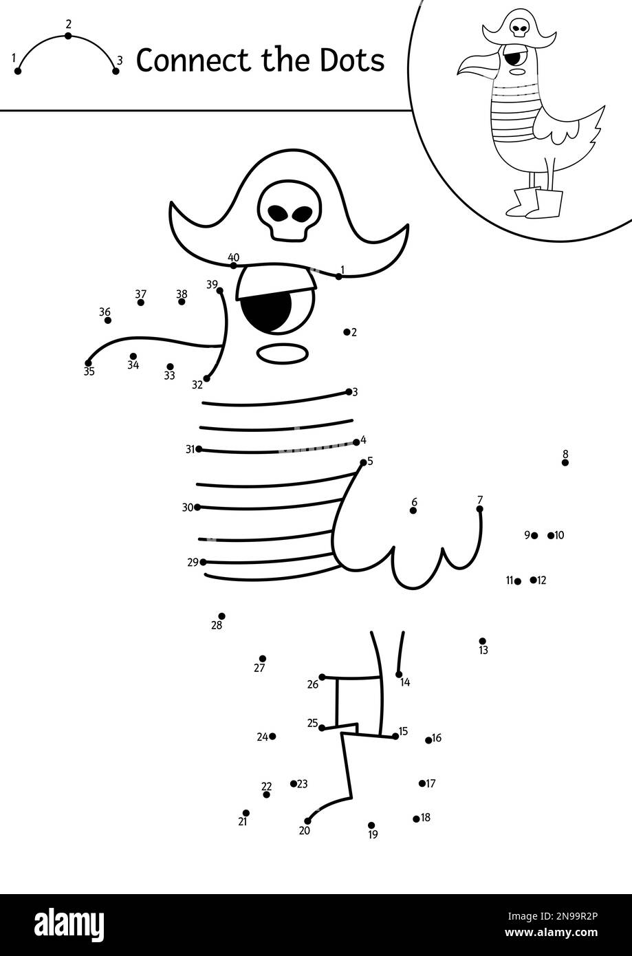 Vector dot-to-dot and color activity with cute pirate seagull. Treasure ...