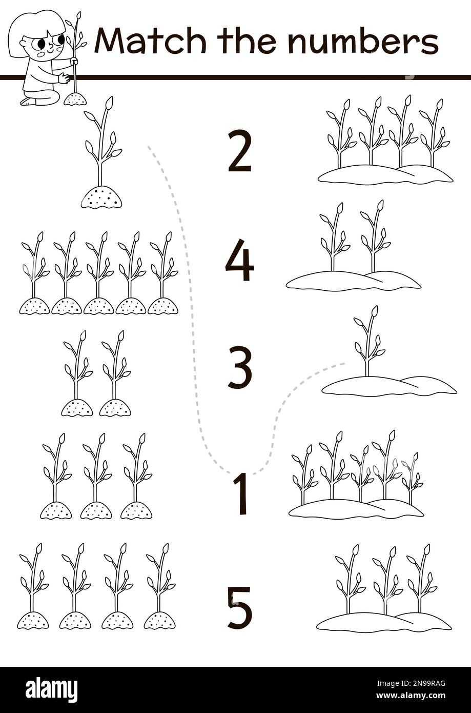 Match the numbers ecological black and white game with girl planting ...
