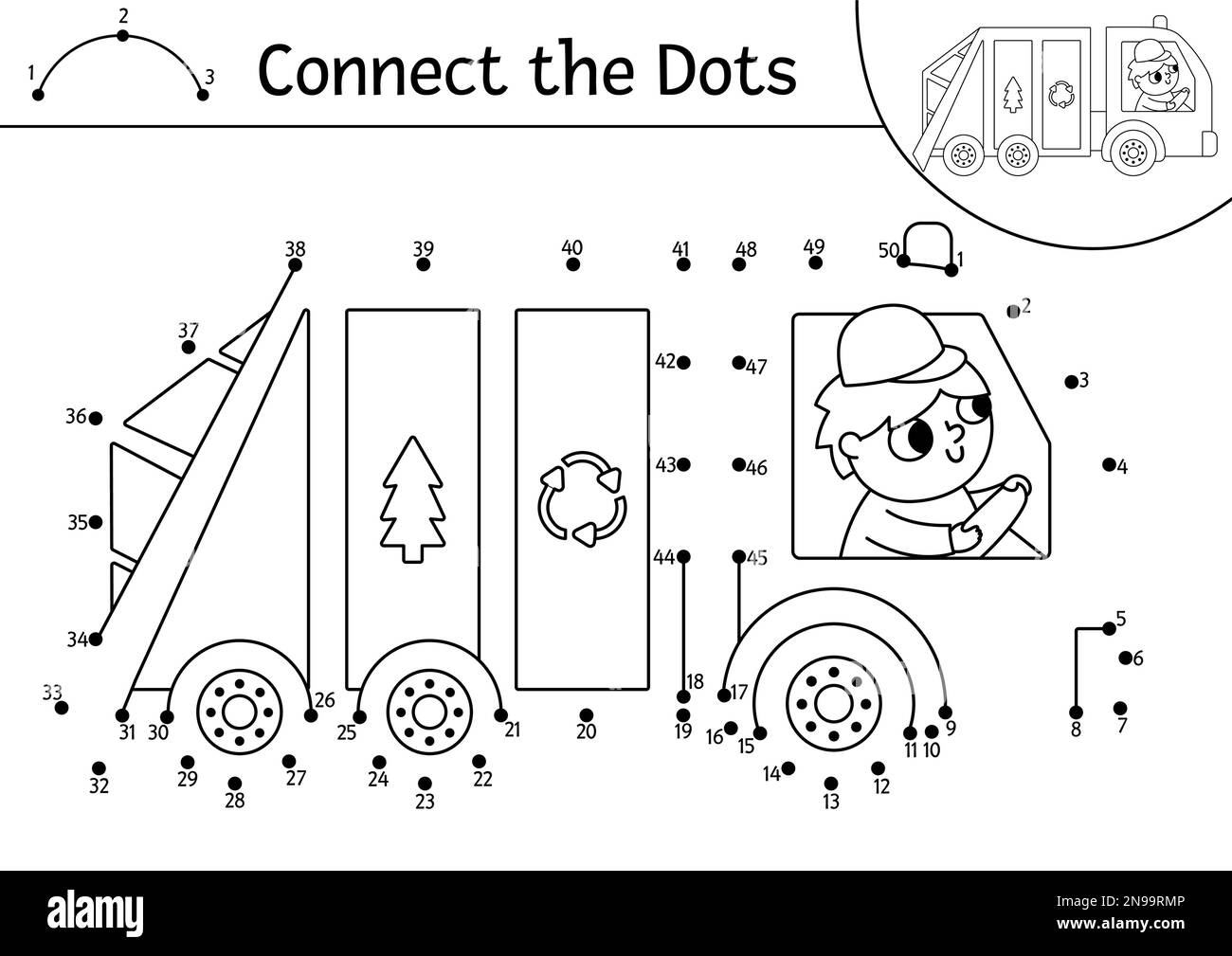 Vector dot-to-dot and color activity with cute garbage truck ...
